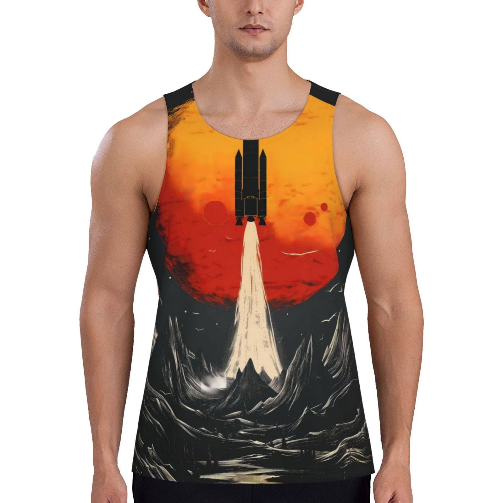 Fuzoiu Retro Space Rocket Launch Print Men's Workout Tank Tops,Sleeveless Gym Shirt Quick Dry ...