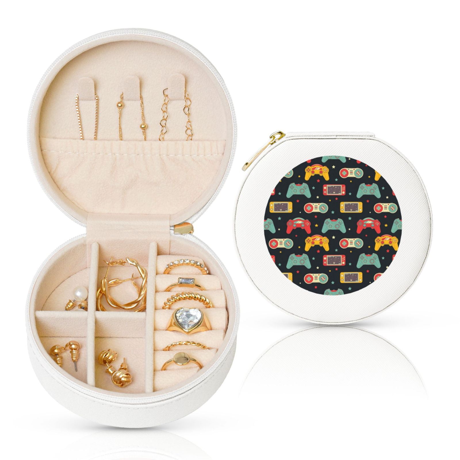 Fuzoiu Retro Video Game Print Portable Jewelry Box,Round Mini Leather ...