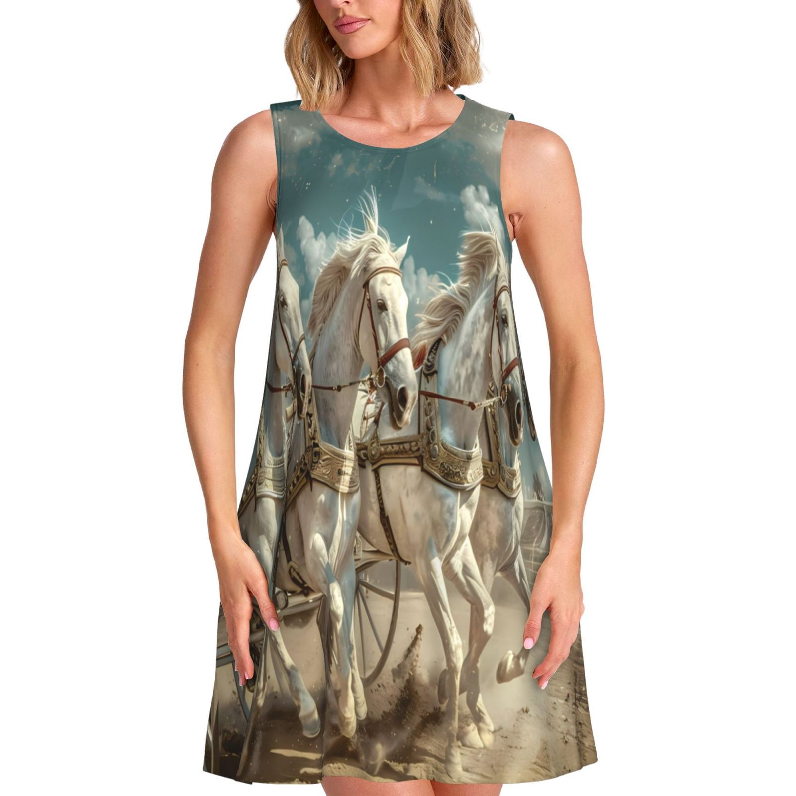 Fuzoiu Roman Chariot Horse Race Print Women's Sleeveless Dress,Summer ...