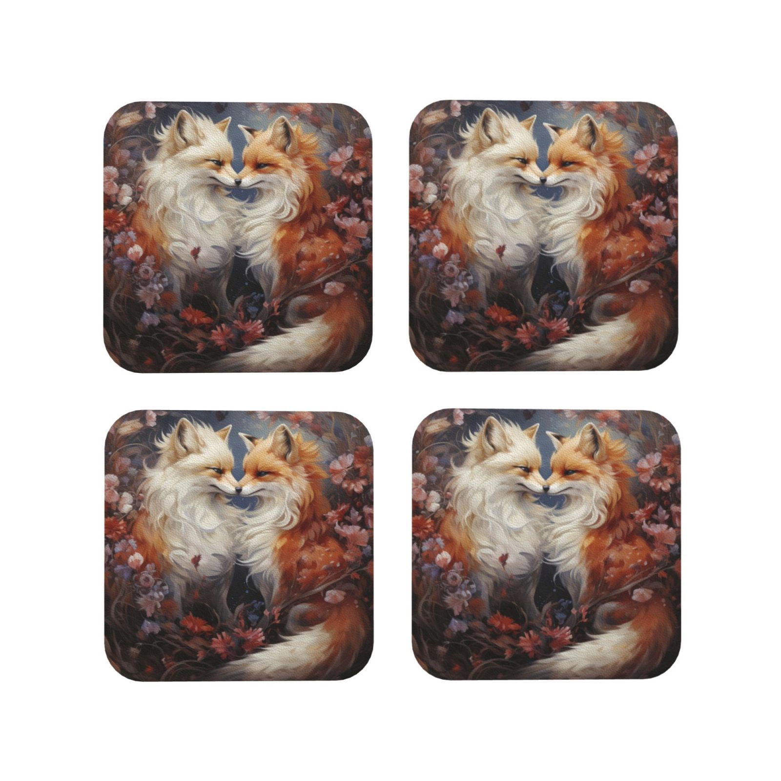 Fuzoiu Romantic Flower Fox Couple Print Leather Coasters Set,Drink ...