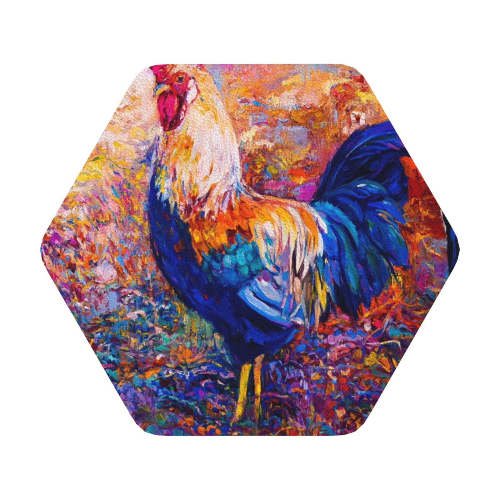 Fuzoiu Rooster Oil Painting Print Leather Coasters Set,Drink Coasters ...
