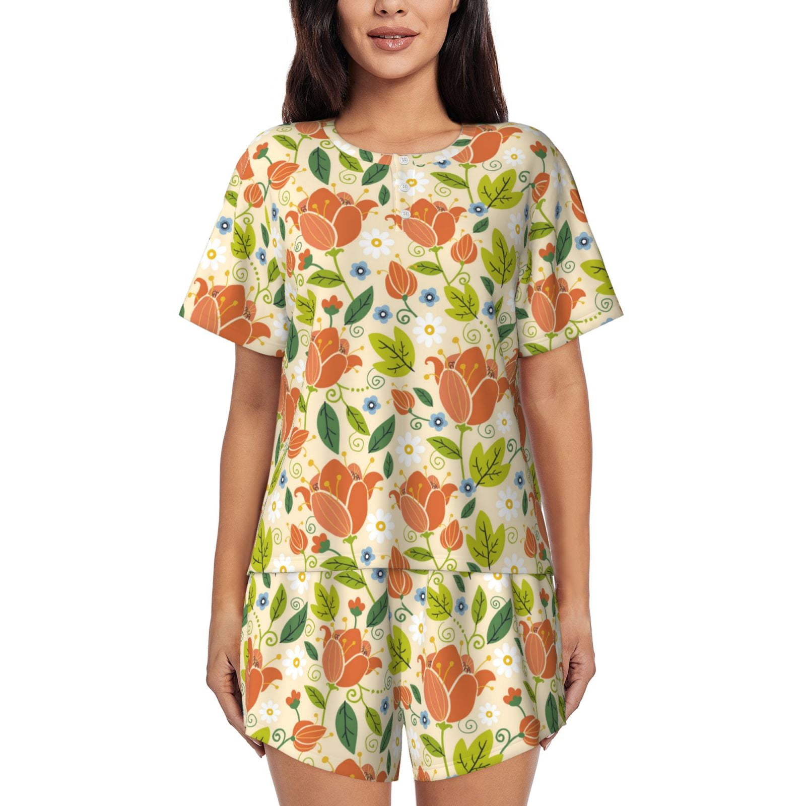 Fuzoiu Rose Daisy Print Women's Short-Sleeved Pajama Set,Lounge ...
