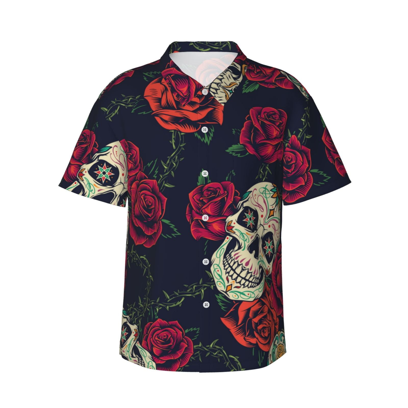 Fuzoiu Roses Skulls Print Hawaiian Shirt for Men, Summer Beach Casual ...