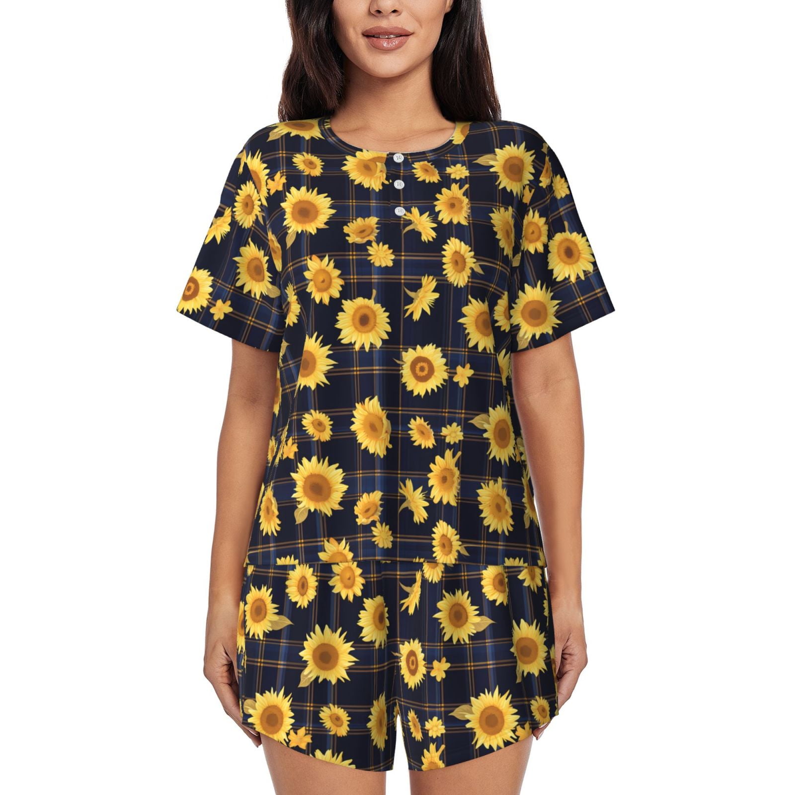 Fuzoiu Royal Blue Plaid Sunflower Print Women's Short-Sleeved Pajama ...