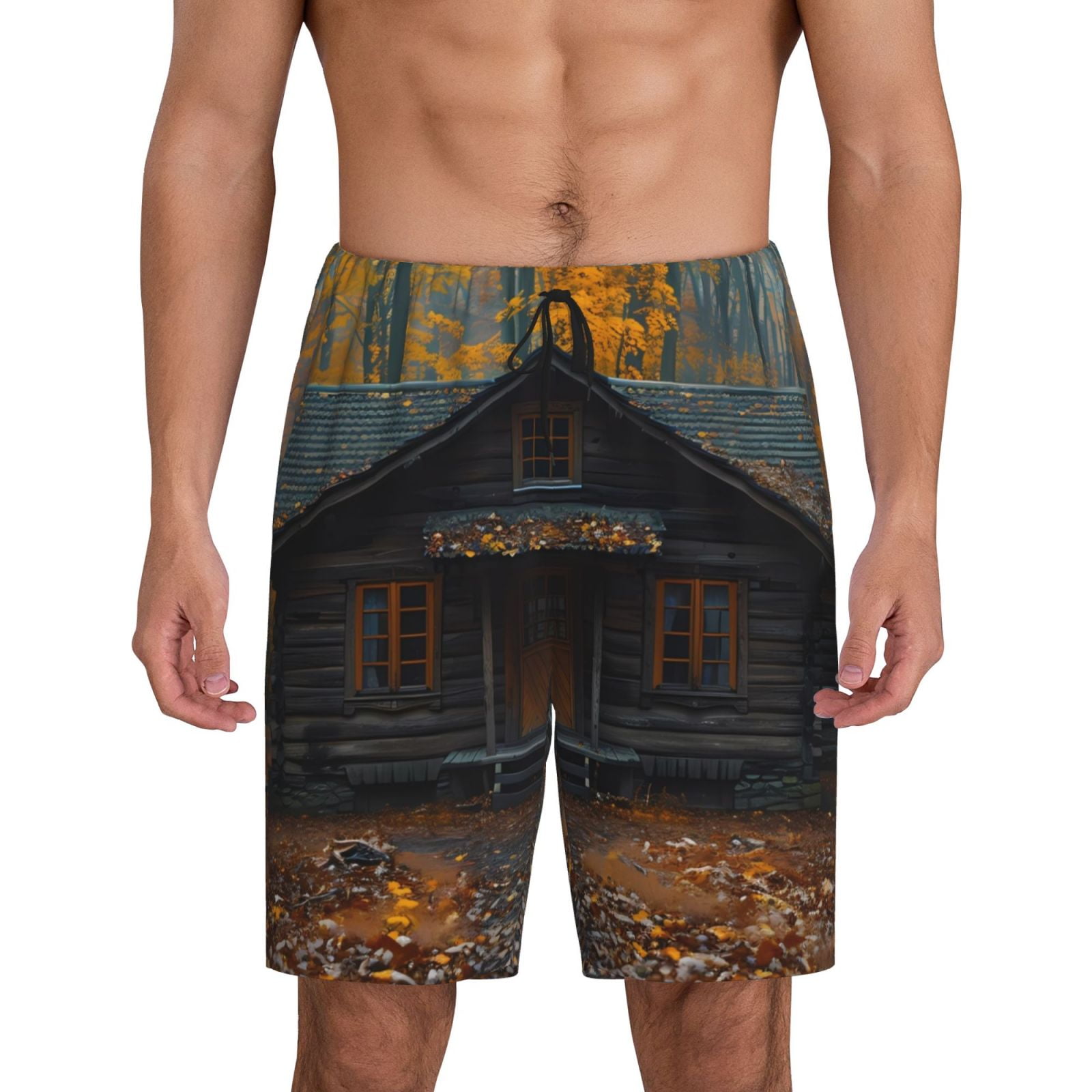 Fuzoiu Rustic Cabin Autumn Forest Print Pajama Shorts for Men, Men's ...