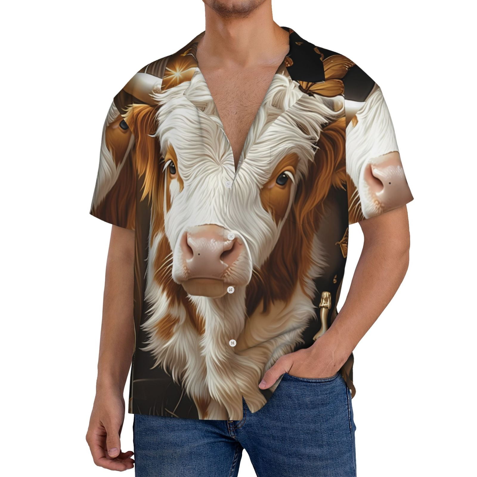 Fuzoiu Rustic Cow Butterflies Champagne Print Men's Casual Short,Men's ...