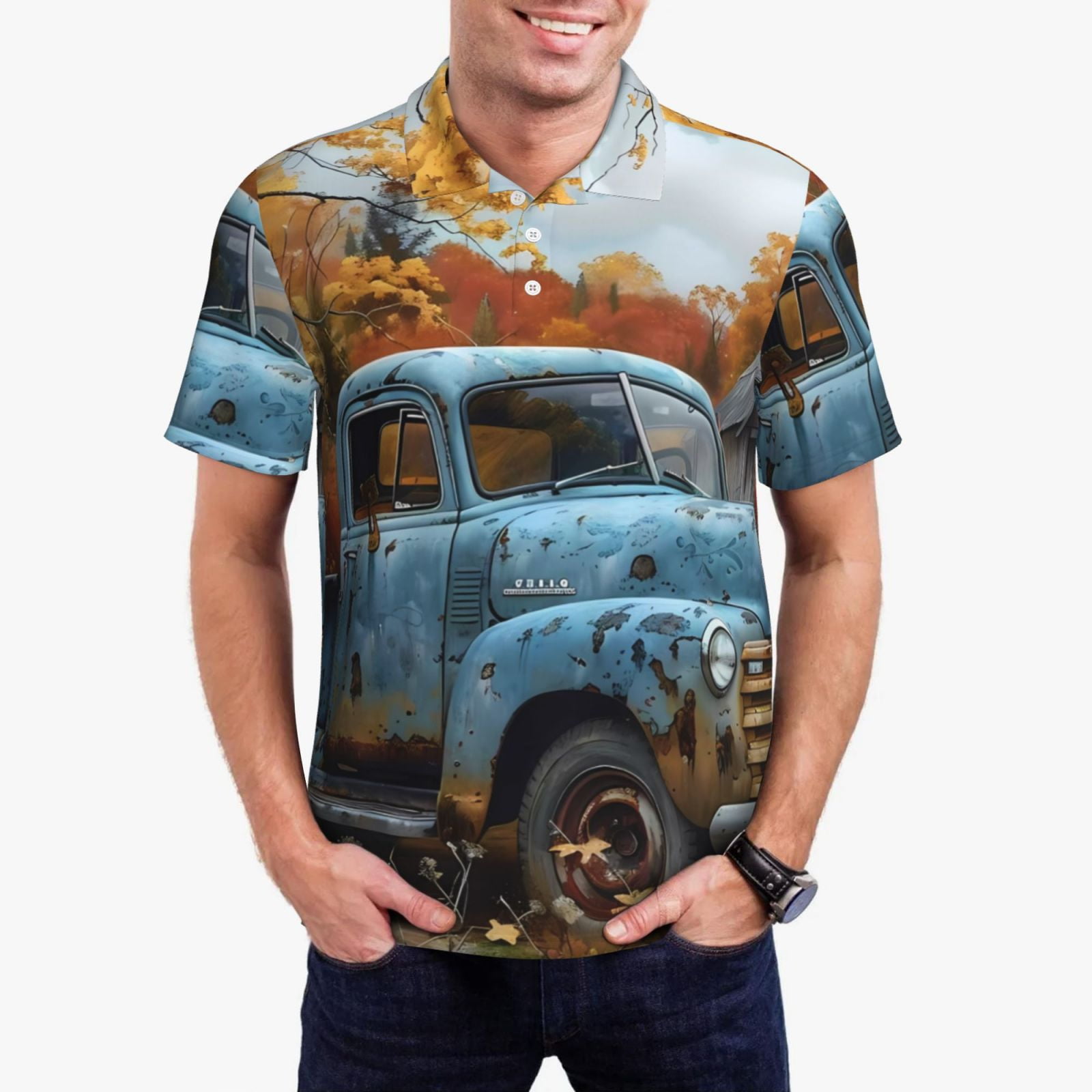 Fuzoiu Rustic Vintage Truck Autumn Print Men's Polo Shirts Short Sleeve ...