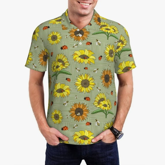 Fuzoiu Sage Green With Sunflowers Print Men's Polo Shirts Short Sleeve ...