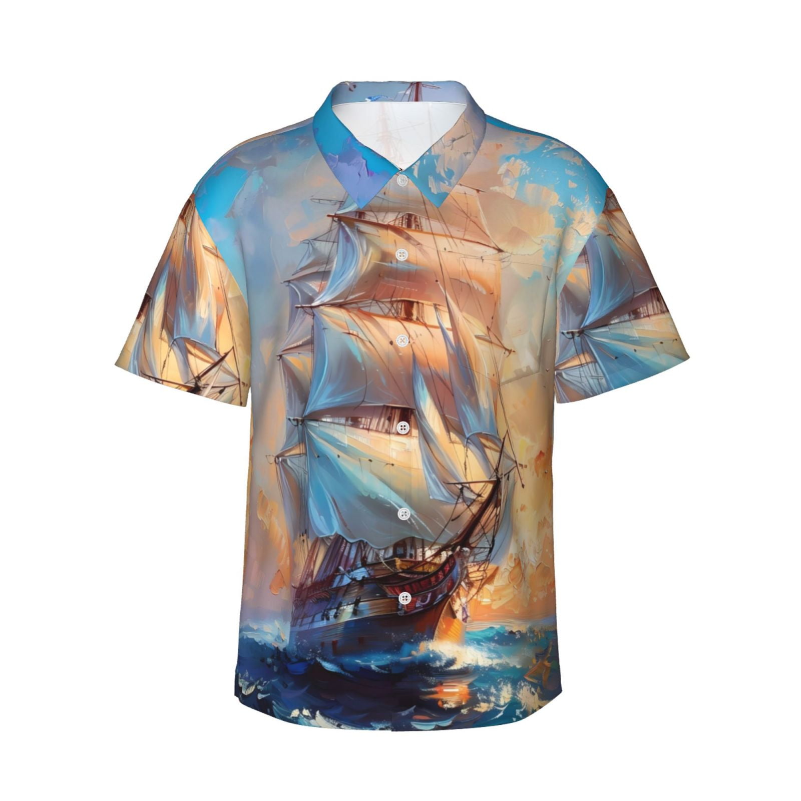 Fuzoiu Sailing Ship Ocean Sunset Print Hawaiian Shirt for Men, Summer ...