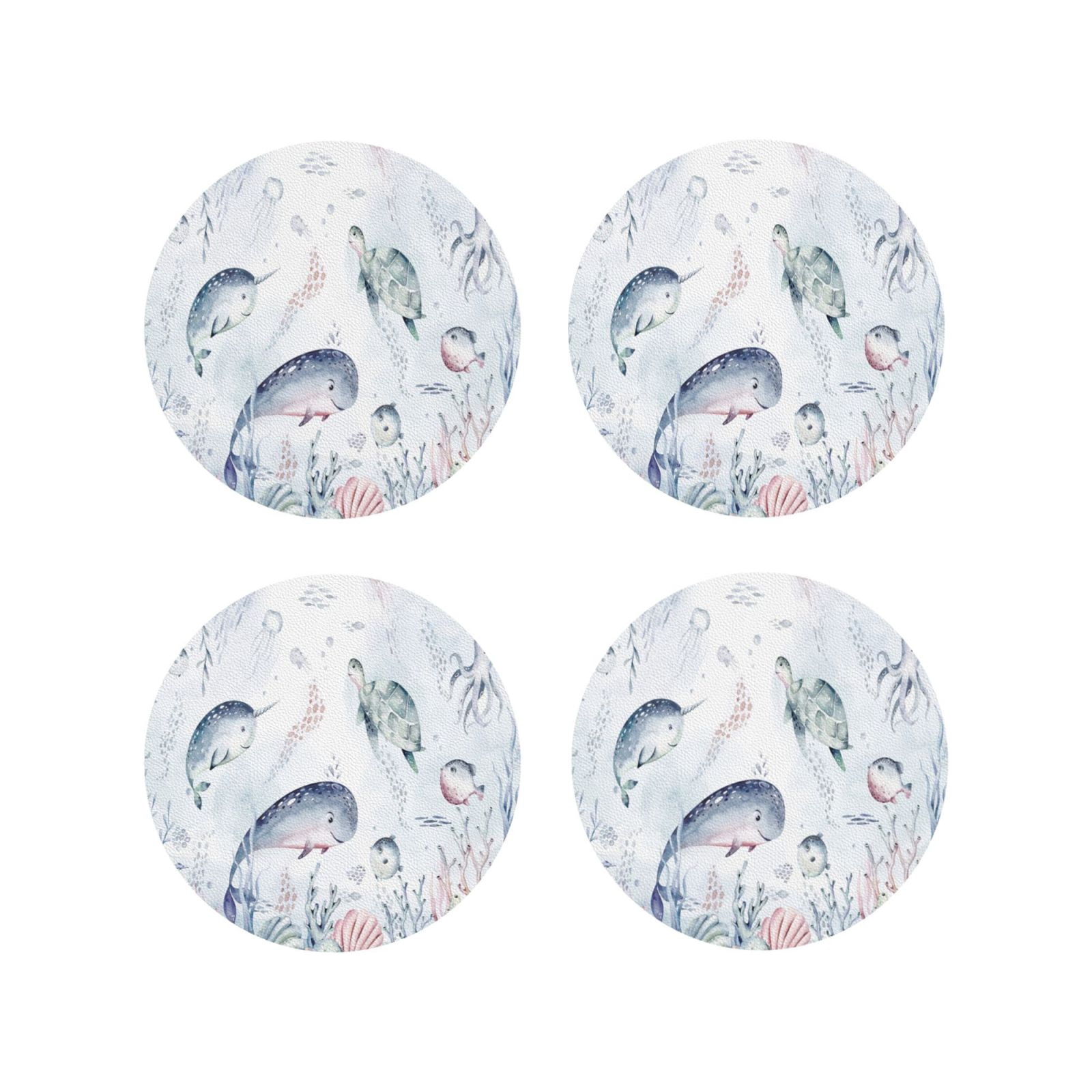 Fuzoiu Sea Animals Print Leather Coasters Set,Drink Coasters Set of 4 ...