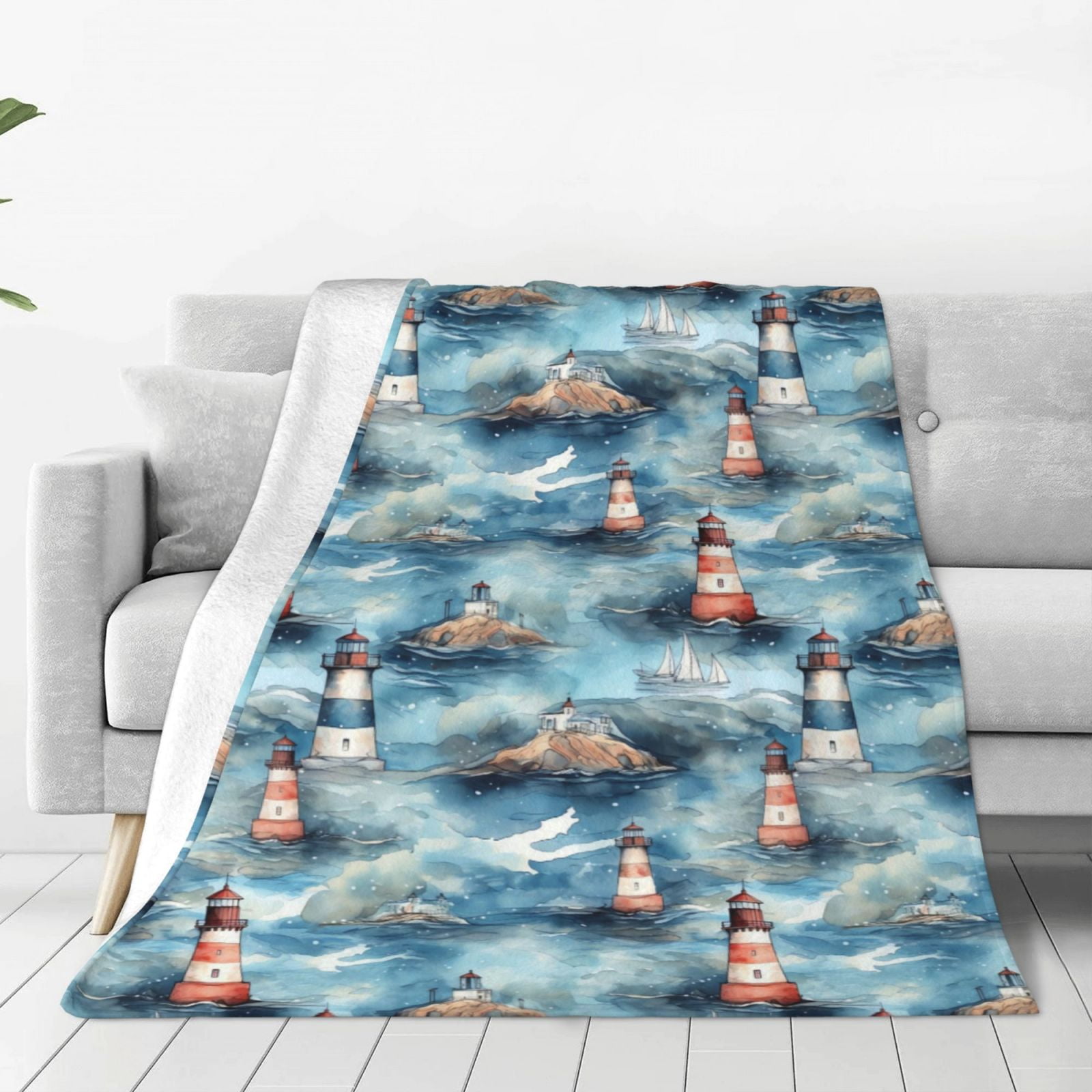 Fuzoiu Sea Marine And Lighthouse Print Ultra-Soft Micro Fleece Blanket ...