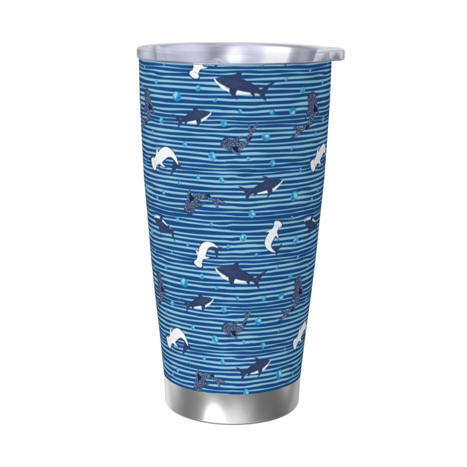 Fuzoiu Sharks on White Blue Striped Print 20oz Tumbler, Stainless Steel ...