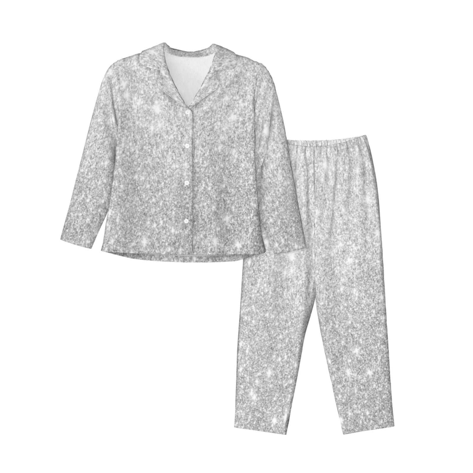 Fuzoiu Silver Glitter Print Women's Long-Sleeved Pajama,Lounge Button ...