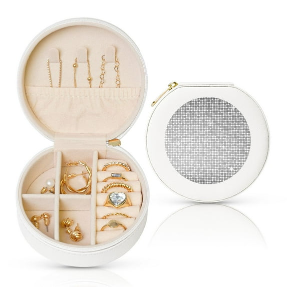 Fuzoiu Silver Mosaic Print Portable Jewelry Box,Round Mini Leather ...