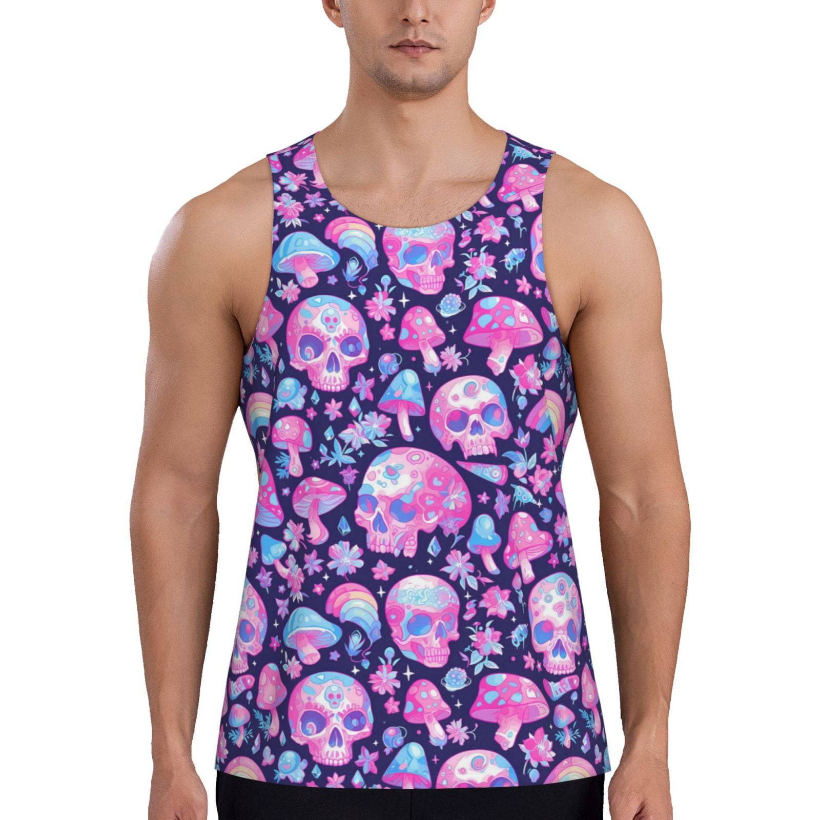 Fuzoiu Skull Rainbow Mushroom Print Men's Workout Tank Tops,Sleeveless ...