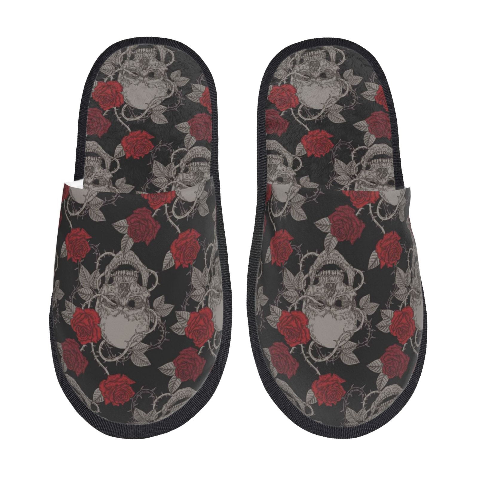 Fuzoiu Skull and Red Roses Print Unisex Furry Slippers,Plush Indoor ...