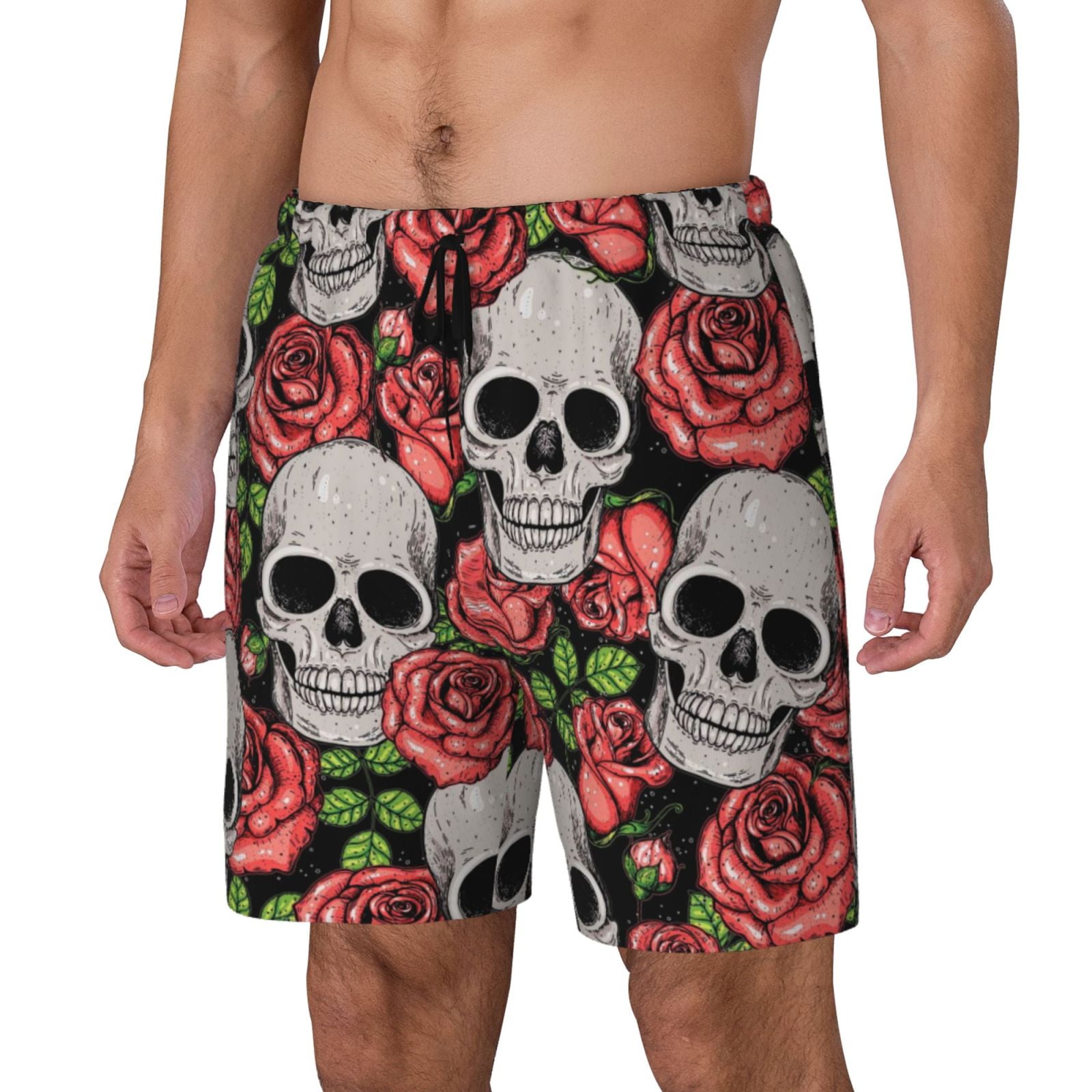 Fuzoiu Skull and Roses Print Men's Swim Shorts,Quick-Dry Double-Layer ...