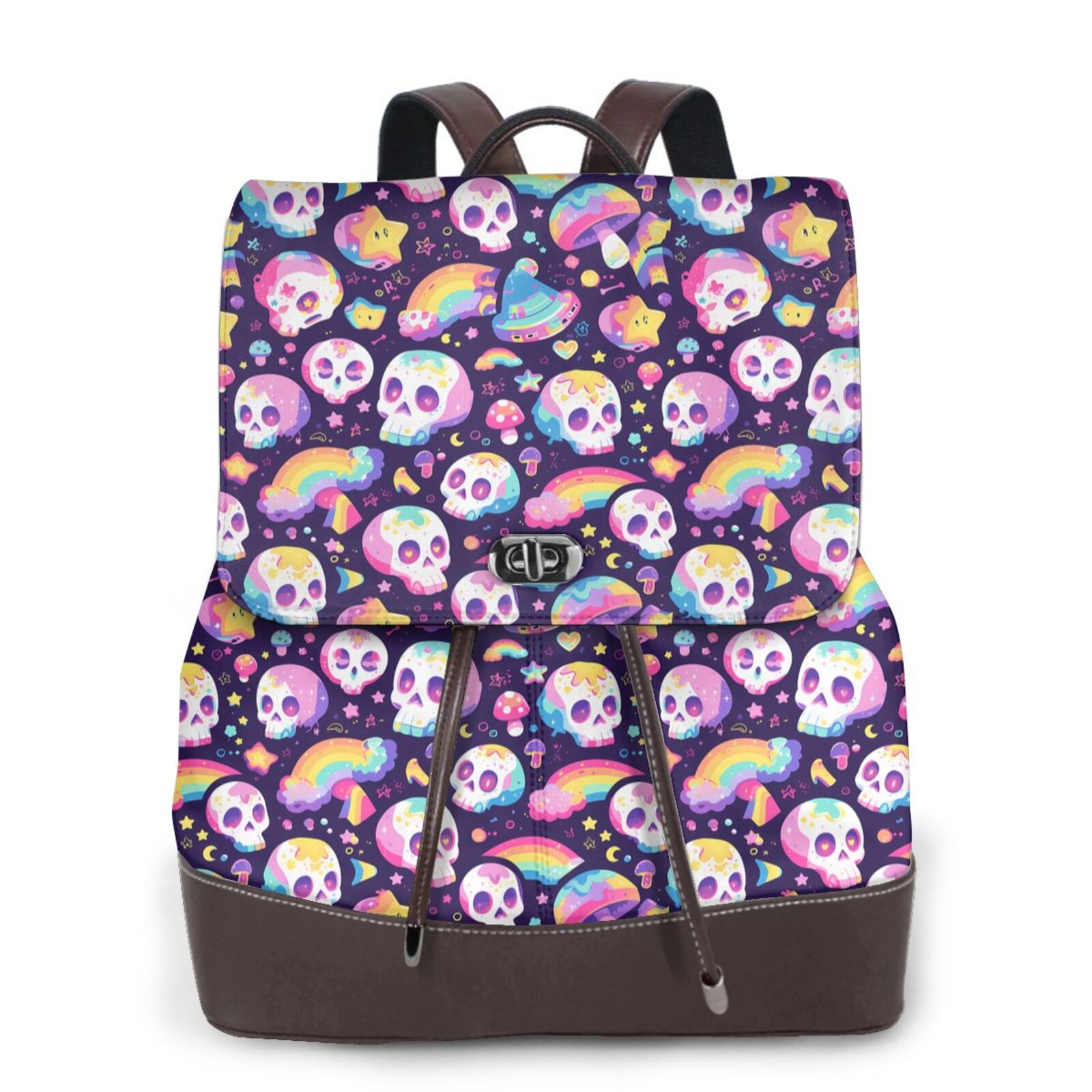 Fuzoiu Skull colorful mushroom rainbow Print Women's Leather Backpack ...