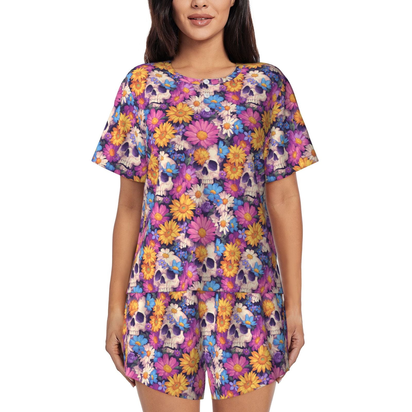 Fuzoiu Skull daisy flower Print Women's Short-Sleeved Pajama Set,Lounge ...