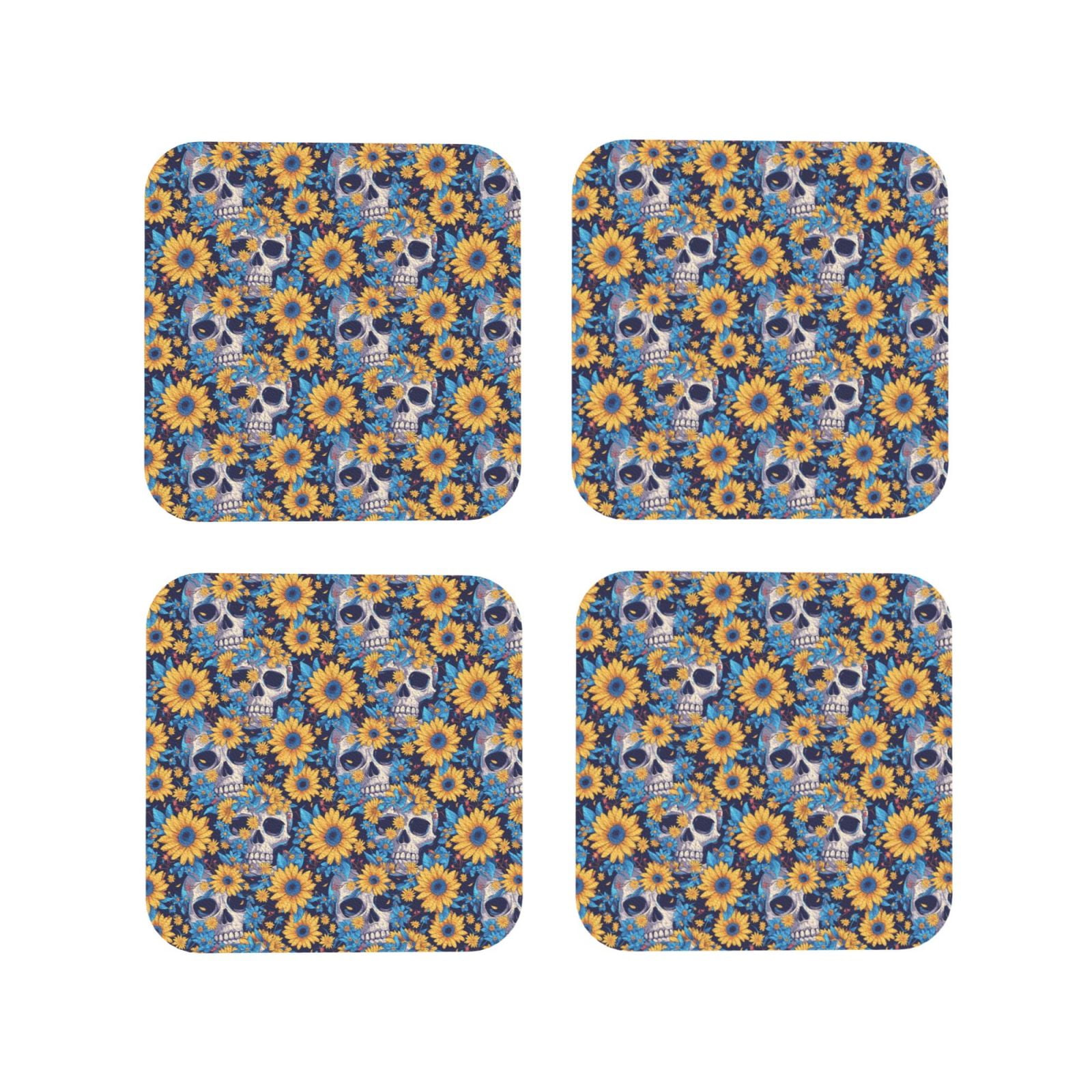 Fuzoiu Skull daisy yellow blue Print Leather Coasters Set,Drink ...