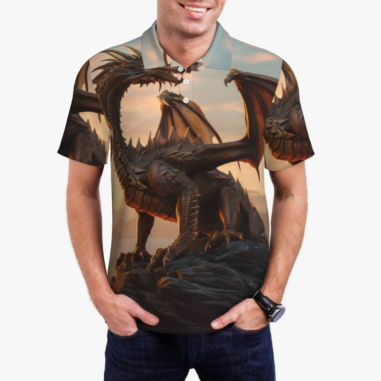 Fuzoiu Sky Sunset Bronze Dragon Print Men's Polo Shirts Short Sleeve ...