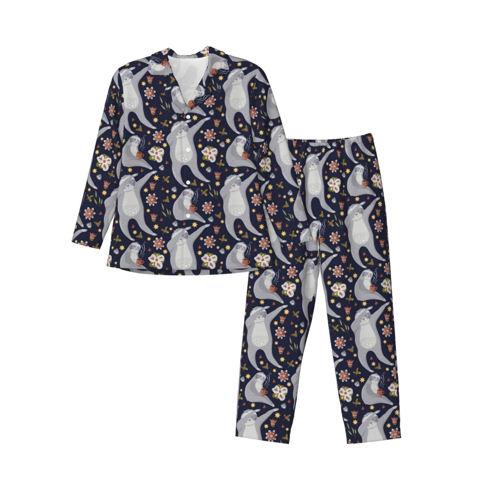 Fuzoiu Sloths Dancing Print Men's Long-Sleeved Pajama,Lounge Button ...