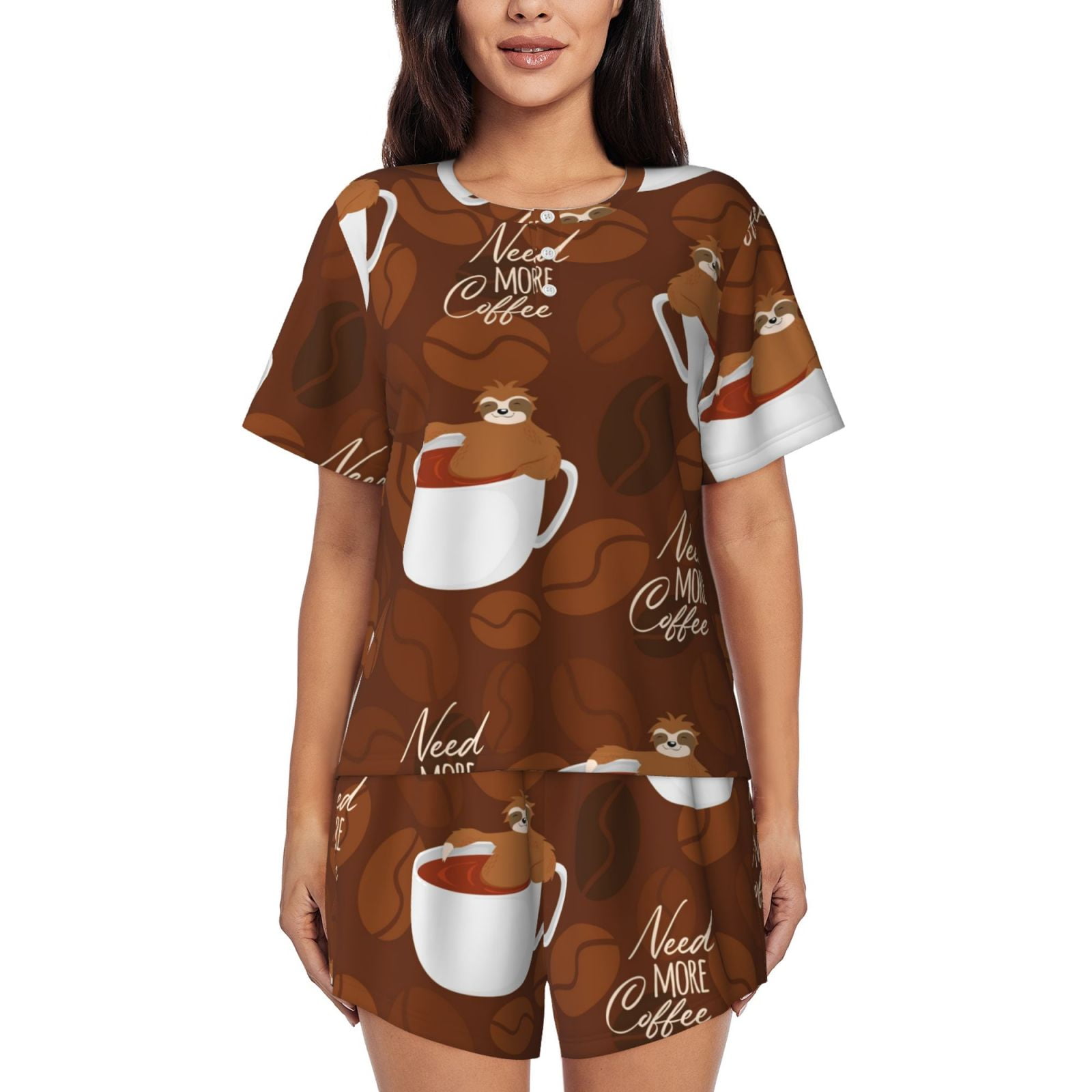 Fuzoiu Sloths Need More Coffee Print Women's Short-Sleeved Pajama Set ...