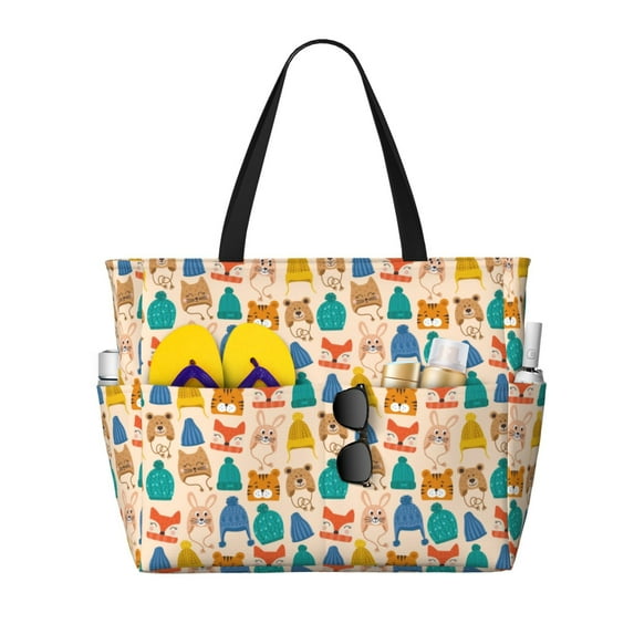 Fuzoiu Small Animals with Knit Hat Pattern Print Waterproof Beach Tote ...