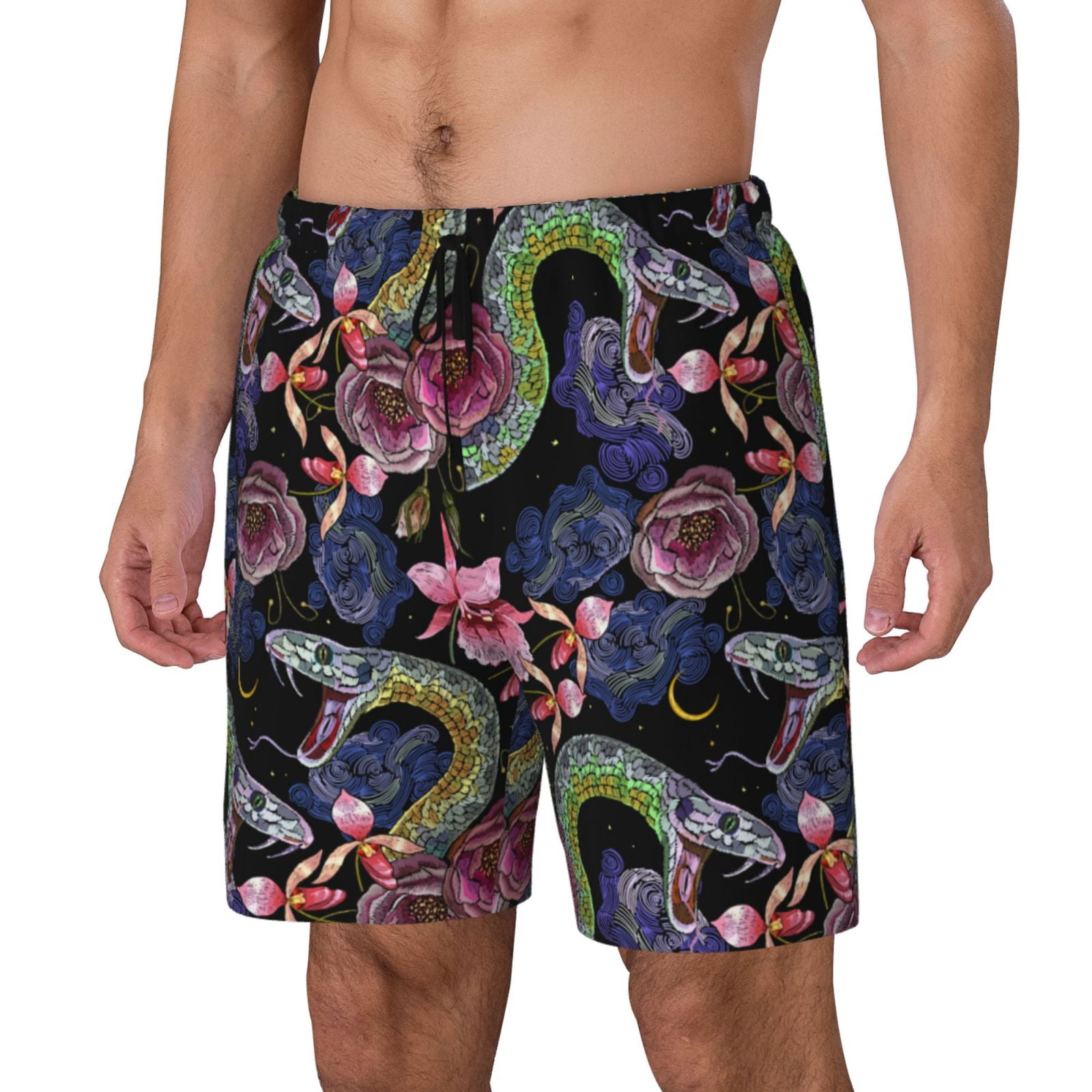 Fuzoiu Snake And Flower Print Men's Swim Shorts,Quick-Dry Double-Layer ...