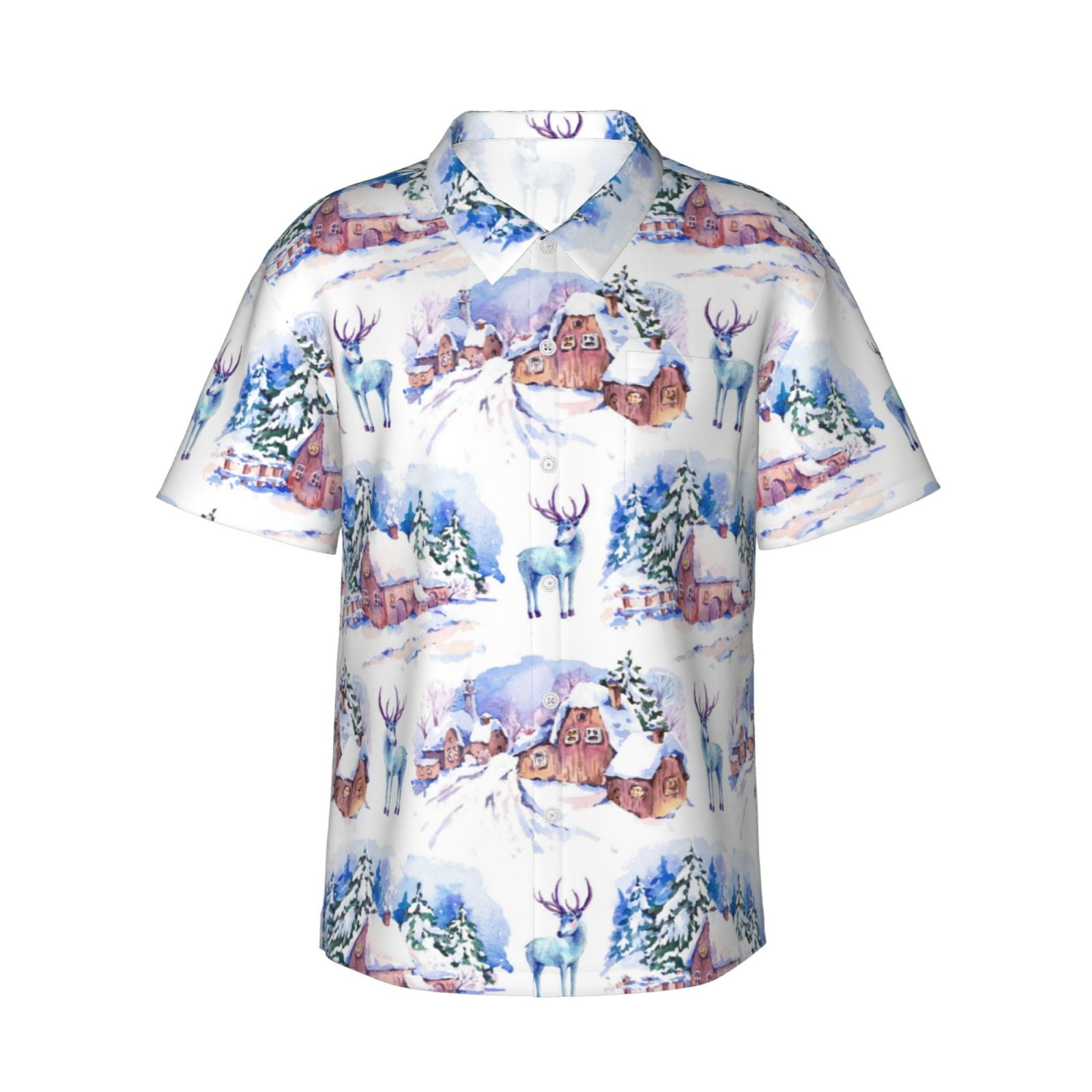 Fuzoiu Snowy Cottage Holiday Scene Print Hawaiian Shirt for Men, Summer ...