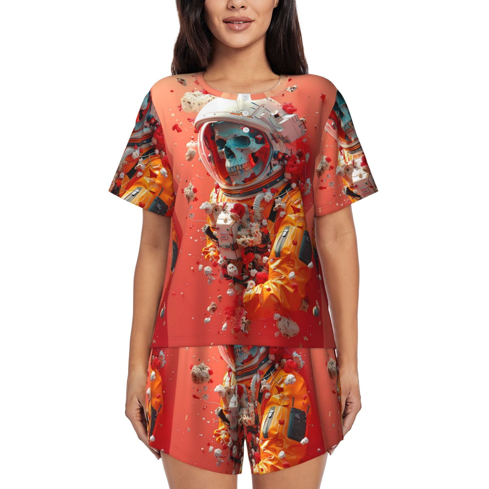 Fuzoiu Space Skeleton Art Print Women's Short-Sleeved Pajama Set,Lounge ...
