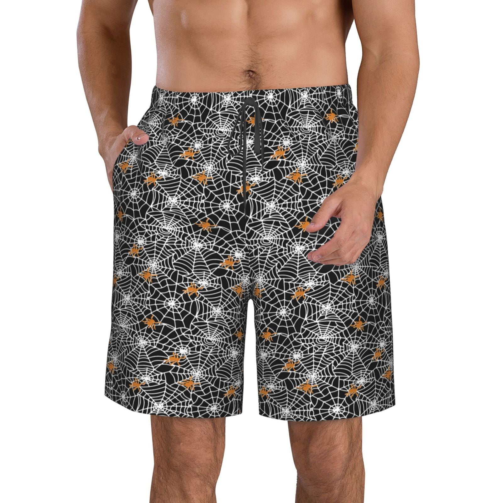 Fuzoiu Spider Cobweb Print Mens Beach Shorts Mens Swim Trunks Quick