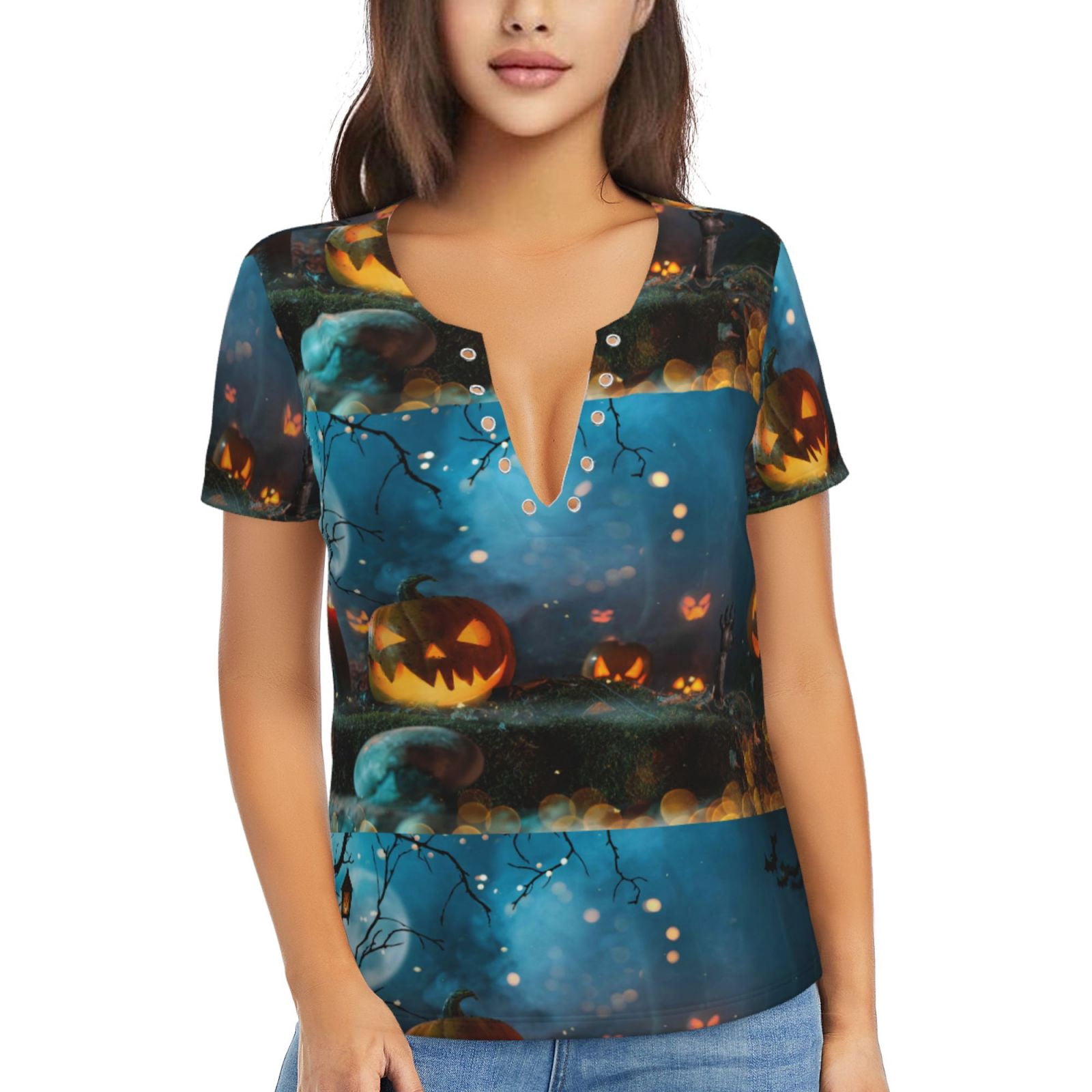 Fuzoiu Spooky Halloween Print Women's V-Neck T-Shirt,Women's Short ...