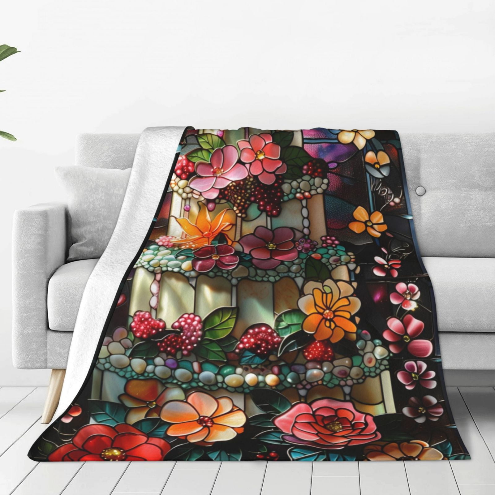 Fuzoiu Stained Glass Floral Cake Print Ultra-Soft Micro Fleece Blanket ...