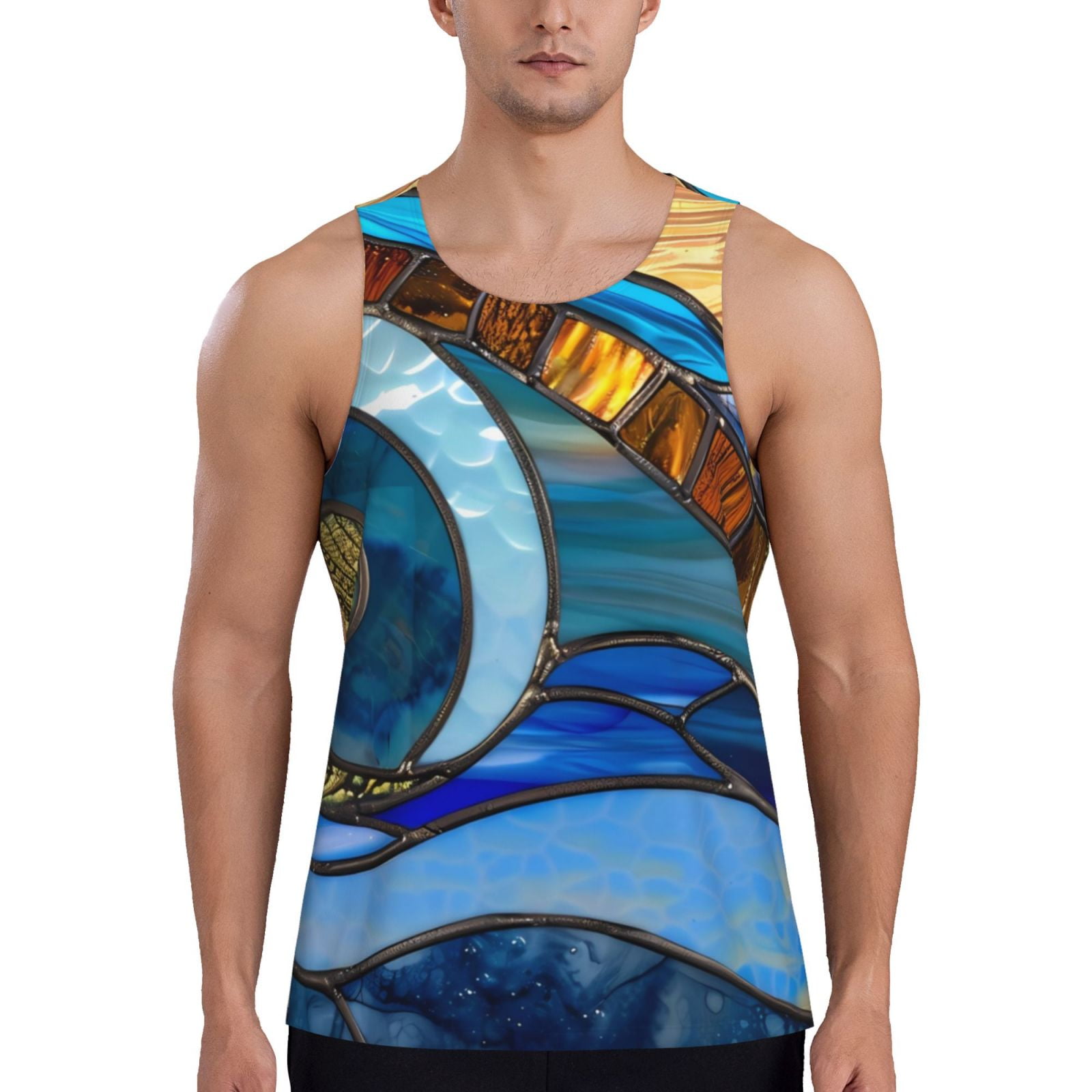 Fuzoiu Stained Glass Ocean Wave Print Men's Workout Tank Tops ...