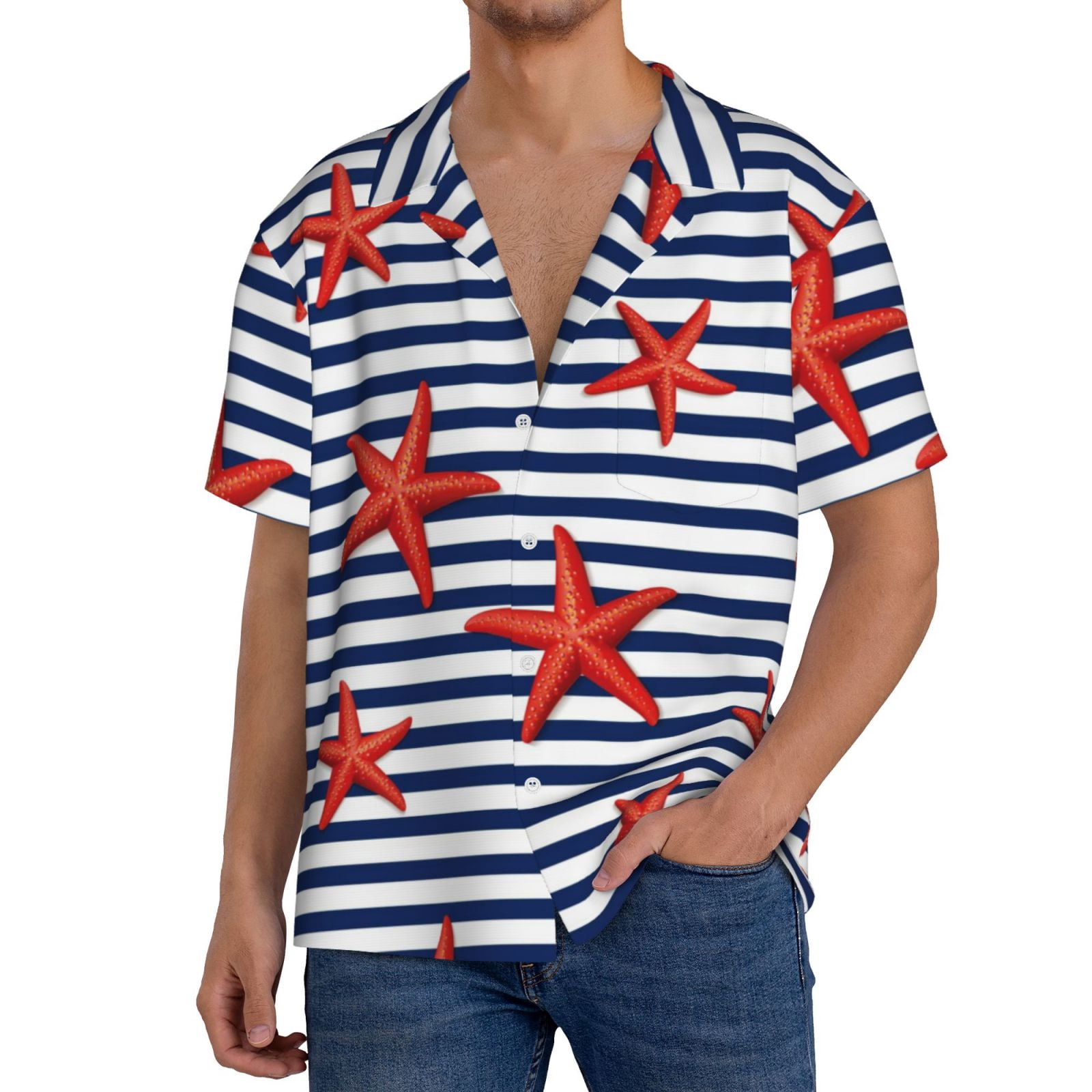 Fuzoiu Starfish Navy Blue Stripe Print Men's Casual Short,Men's Short ...