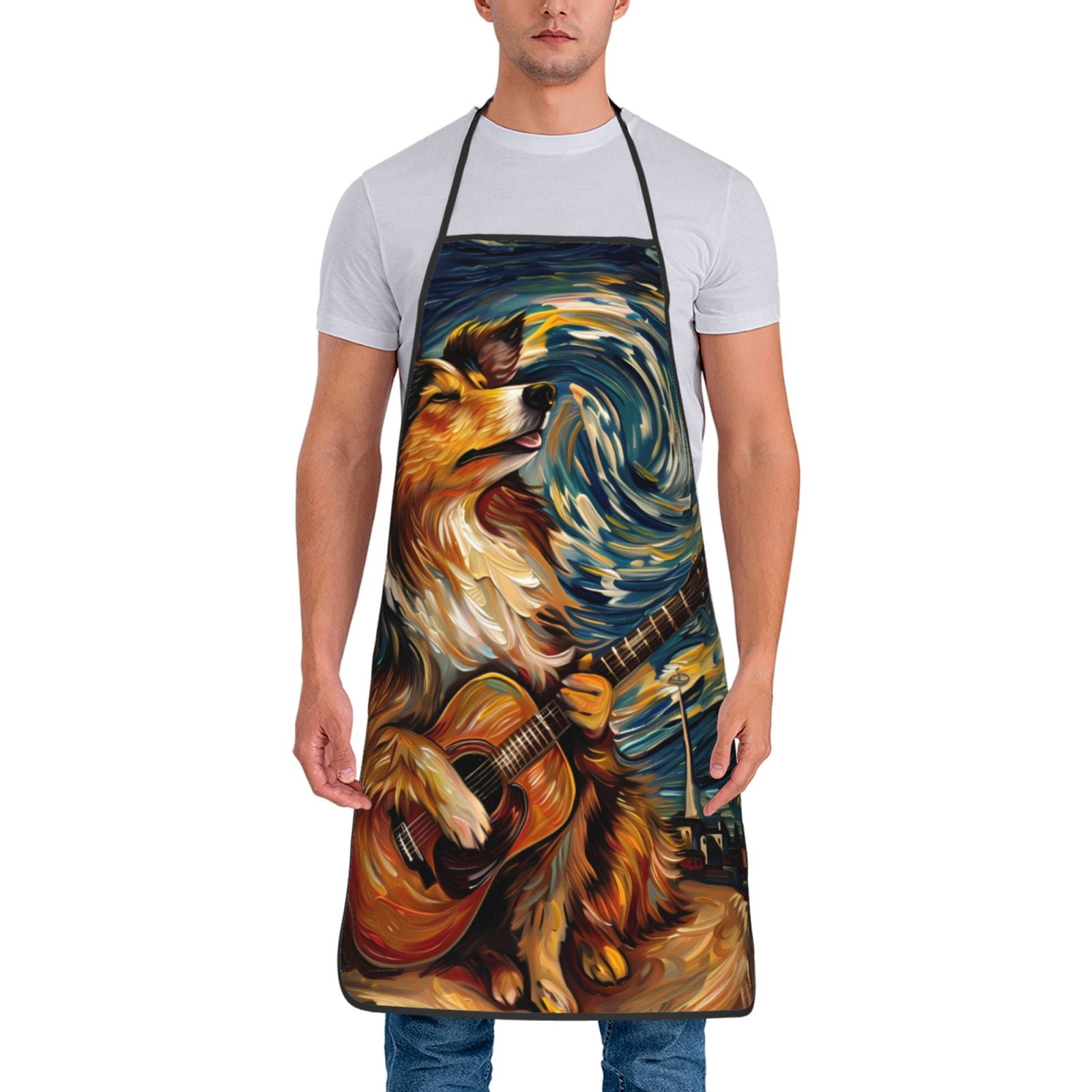 Fuzoiu Starry Night Guitar Dog Print Waterproof Apron, Kitchen Apron ...