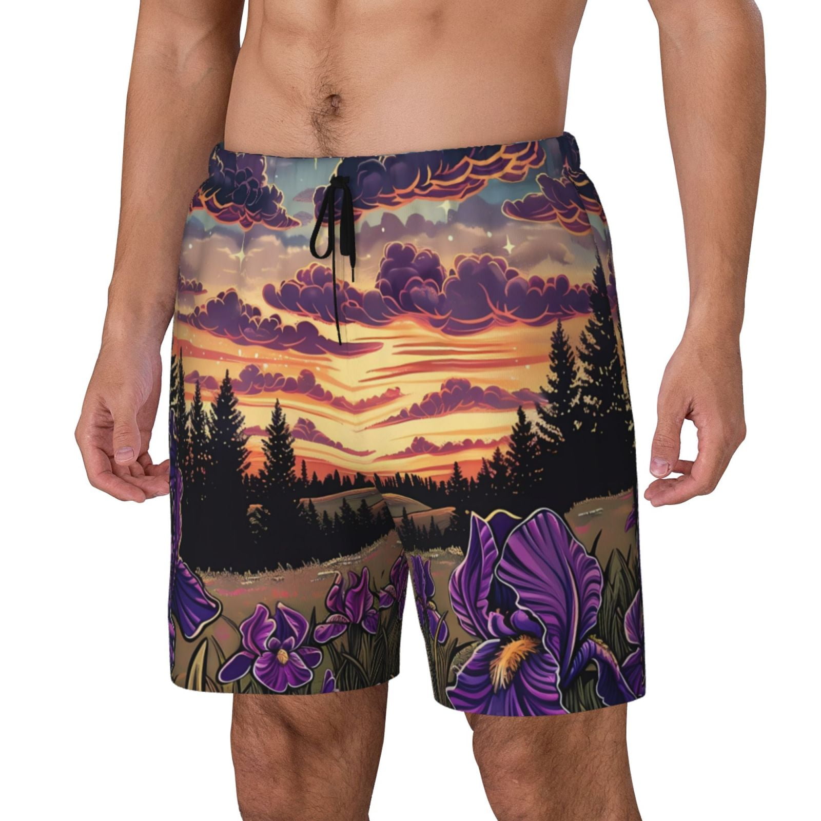 Fuzoiu Starry Night Purple Irises Print Men's Swim Shorts,Quick-Dry ...