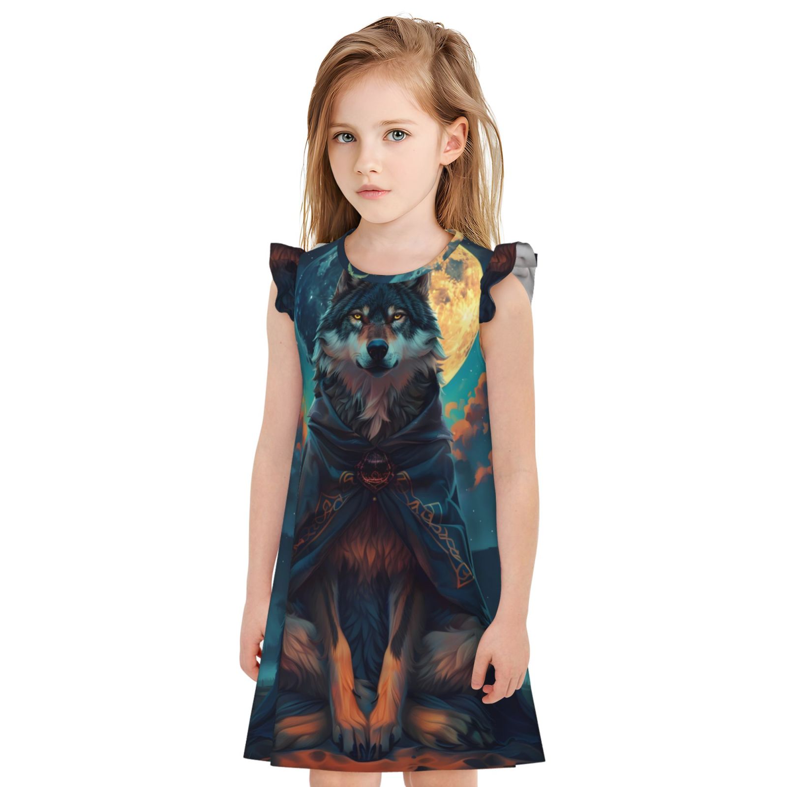 Fuzoiu Starry Sky Moon Wolf Leader Print Girls' Nightgowns Pajamas Dress,Girls Nightgowns,Girls ...