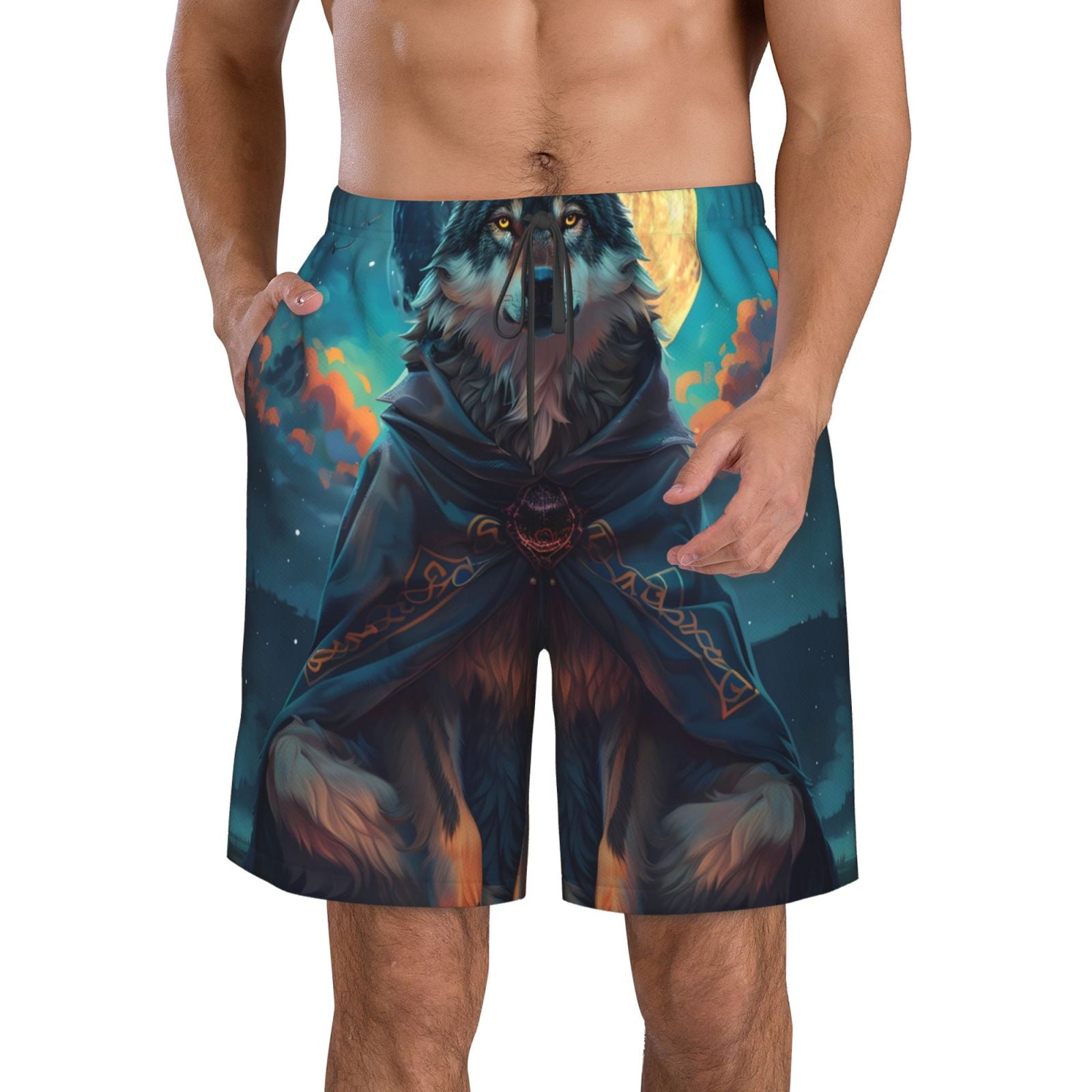 Fuzoiu Starry Sky Moon Wolf Leader Print Men's Beach Shorts,Men's Swim Trunks,Quick Dry Board ...
