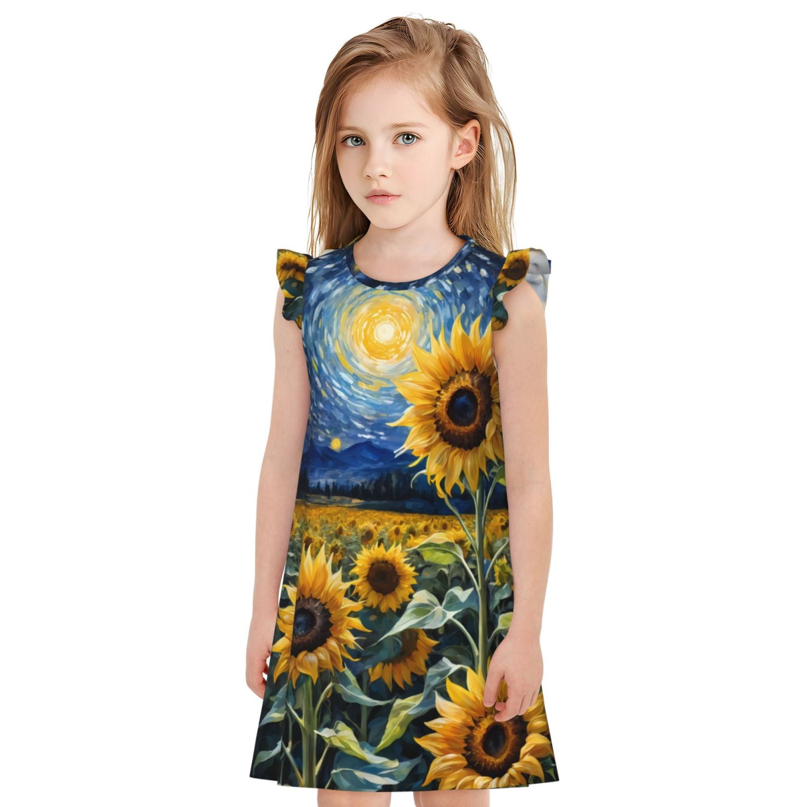 Fuzoiu Starry Sky Sunflower Print Girls' Nightgowns Pajamas Dress,Girls ...