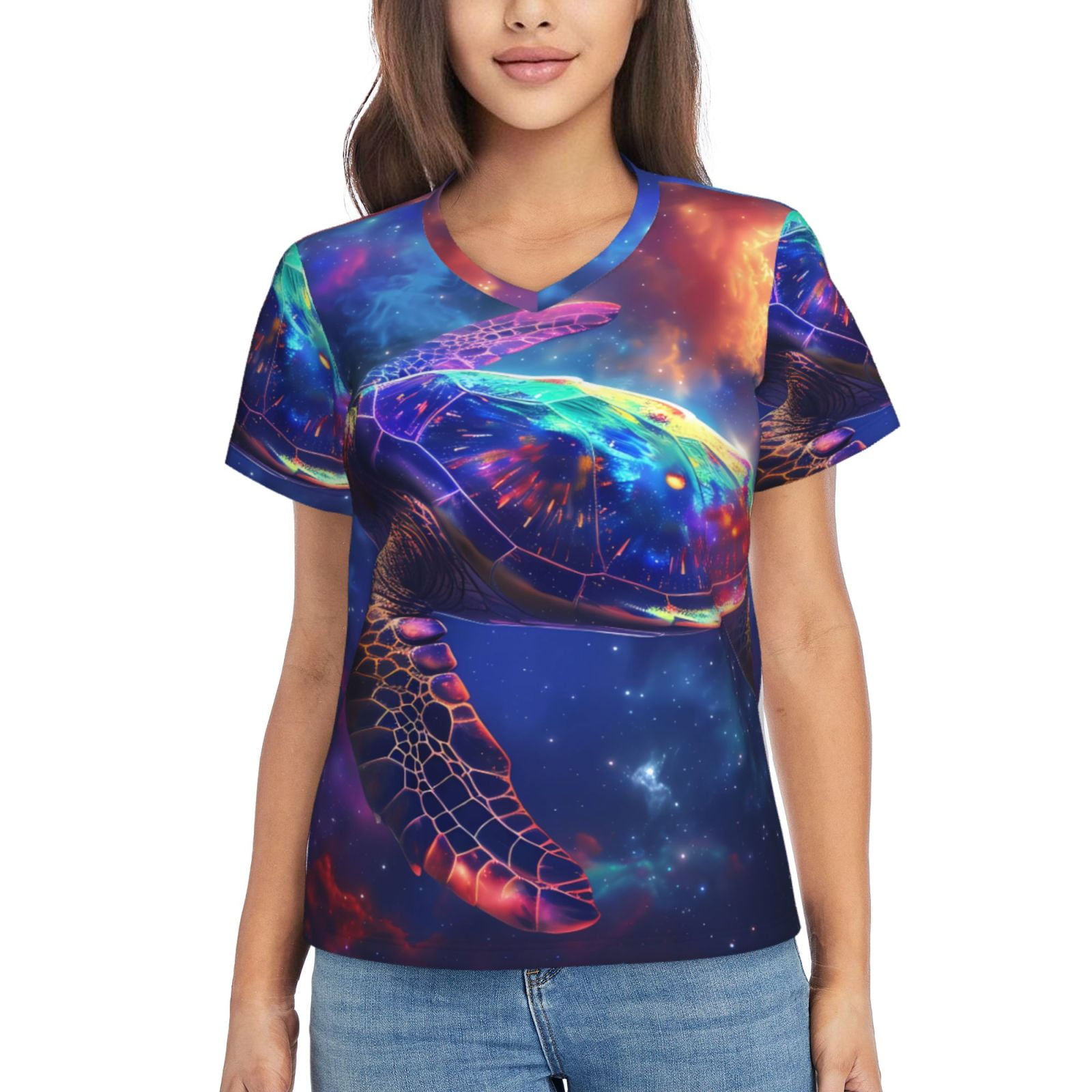 Fuzoiu Starry Sky Turtle Print Women's Classic V-Neck T-Shirt, Short Sleeve V Neck Tees for ...