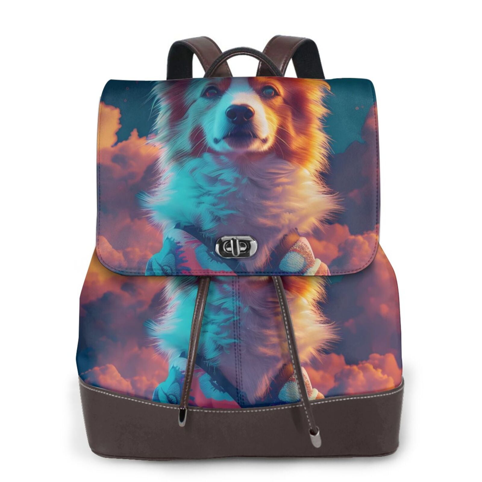 Fuzoiu Starry Sky White Cloud Puppy Print Women's Leather Backpack ...