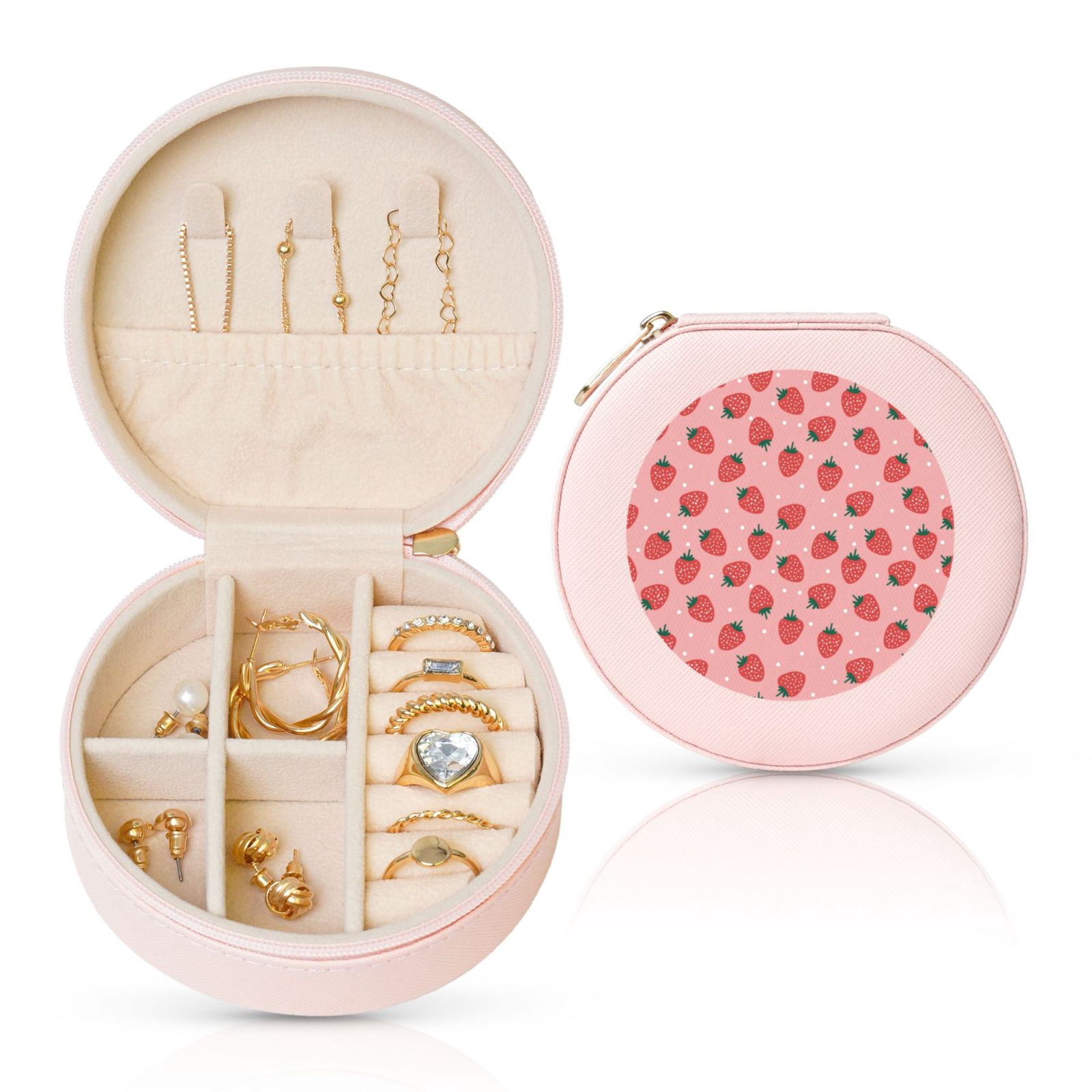 Fuzoiu Strawberries Print Portable Jewelry Box,Round Mini Leather ...