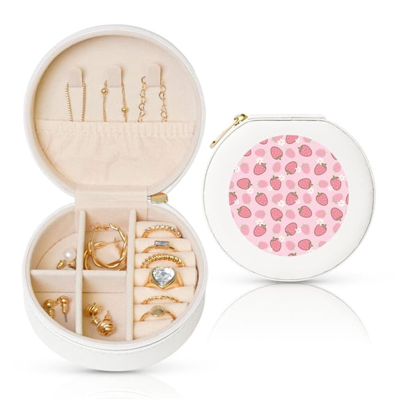 Fuzoiu Strawberries Print Portable Jewelry Box,Round Mini Leather ...