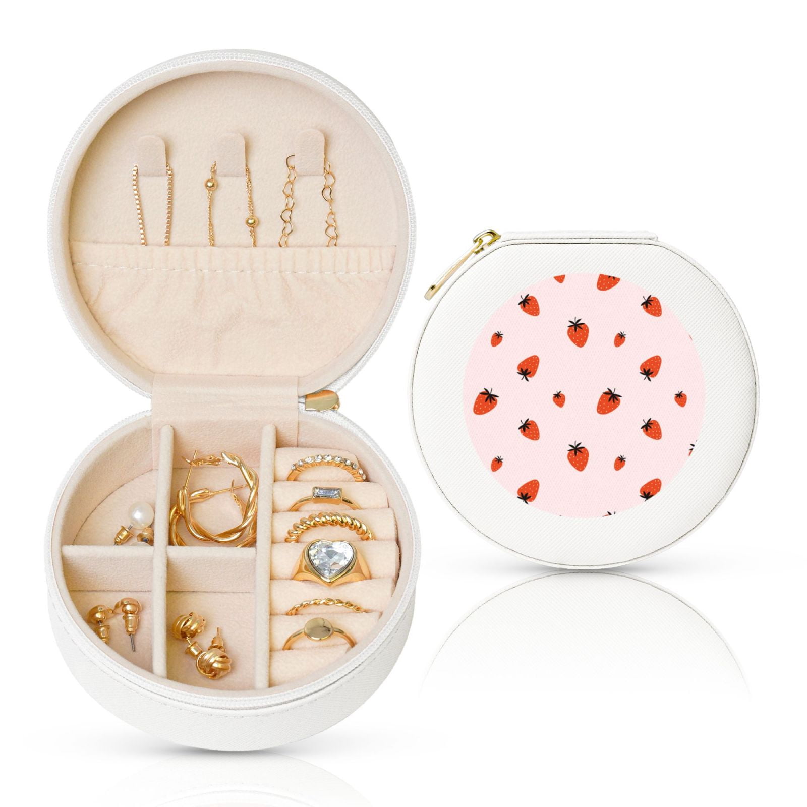 Fuzoiu Strawberry Print Portable Jewelry Box,Round Mini Leather Travel ...