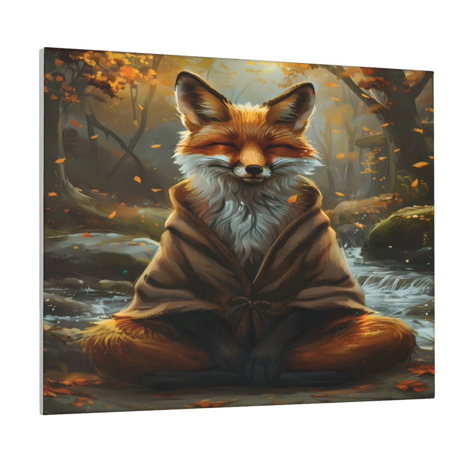 Fuzoiu Streamside Meditating Fox Print Canvas Wall Art for Bathrooms ...