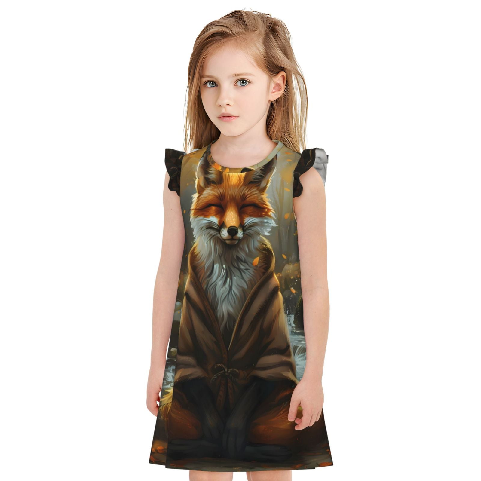 Fuzoiu Streamside Meditating Fox Print Girls' Nightgowns Pajamas Dress ...