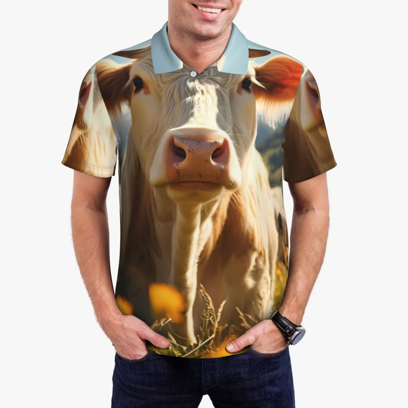 Fuzoiu Sunflower Cow Pasture Print Men's Polo Shirts Short Sleeve,Golf ...