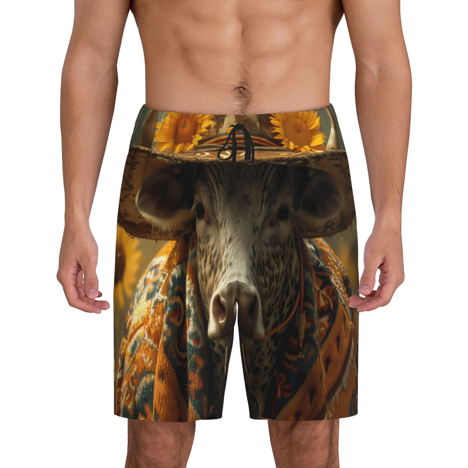 Fuzoiu Sunflower Cowboy Hat Cow Print Pajama Shorts for Men, Men's ...